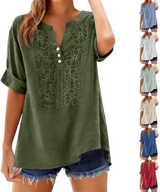 Generic Chemise en lin pour femme - Chemisier d&eacute;t&eacute; boh&egrave;me - Haut col en V - Chemises boutonn&eacute;es - Chemisier d&eacute;t&eacute; &agrave; manches courtes - Chemisier floral - Grande