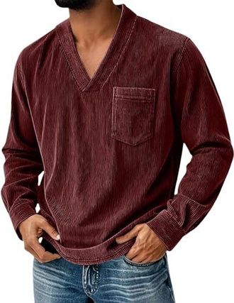 Generic T-shirts &agrave; manches longues en velours c&ocirc;tel&eacute; pour homme - Couleur unie - Haut d&eacute;t&eacute; tendance - Col en V - Coupe ample - Confortable - Respirant - V&ecirc;tem
