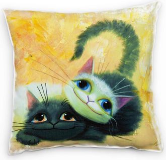 Paul Sinus Art Illustration, Zwei Katzen, gemalt, orange, schwarz, weiß Deko Kissen 40x40cm für Couch Sofa Lounge Zierkissen - Dekoration zum Wohlfühlen