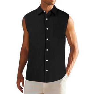 Generic Chemise dentra&icirc;nement en coton et lin pour homme - Style d&eacute;contract&eacute; et tendance - Couleur unie - Sans manches - En coton et lin - Col simple boutonna