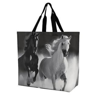 Generic Chevaux Noirs Et Blancs Qui Courent Sac Cabas R&eacute;utilisable Sacs De Courses D&eacute;contract&eacute; Sac A Main Femme Pour Plage Gym Quotidienne
