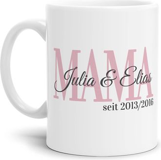Tassendruck Tasse - Mama seit - zum selbst Gestalten mit Kindernamen und Geburtsjahren - Geschenk für die beste Mama - Keramiktasse, Weiß Matt, 300 ml