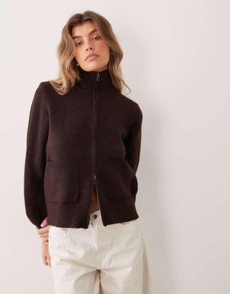 Gina Tricot Gina Tricot cardigan en laine tricot&eacute;e &agrave; poches marron fonc&eacute;