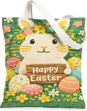 Generic Sacs fourre-tout en toile motif lapin de P&acirc;ques, sacs d&eacute;picerie r&eacute;utilisables, sacs d&eacute;picerie printaniers, l&eacute;gers et lavables en toile pour, vert, 13x