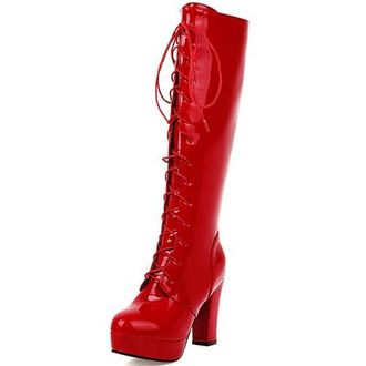 SJJH Bottes hautes avec lacets crois&eacute;s pour femme pour les soir&eacute;es et la vie quotidienne, talon de 10 cm, fermeture &eacute;clair lat&eacute;rale, rouge, 42 EU
