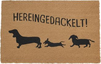 Relaxdays Fu&szlig;matte Kokos 80x50, T&uuml;rvorleger 3 Dackel, rutschfest, wetterfest, Fu&szlig;abstreifer innen & au&szlig;en, Natur/schwarz