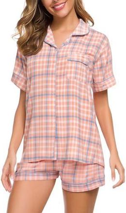 Generic Pyjama court pour femme avec boutonnière - 2 pièces - Pyjama dété - Motif mignon - Haut et short de nuit - Pyjama à revers - Vêtement de détente, Or r