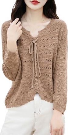 Generic Pull pour femme 100 % coton avec col en dentelle ajour&eacute; avec corde, pull fin tricot&eacute; chaud, Camel, XL