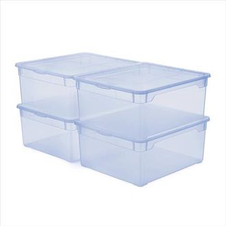 Rotho CLEAR Box 4er-Set Aufbewahrungsbox 18 l mit Deckel, platzsparend stapelbar 40x33,5x17 cm, transparent blau