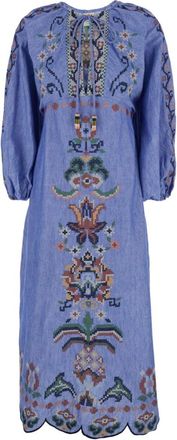 Farm Rio Farm Rio, Femme, Robes, Bleu, Taille: 42 FR Garden Tapestry Embroidery Long Sleeve Midi D