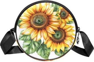 Generic Petit sac &agrave; bandouli&egrave;re rond pour femme, motif tournesol avec fermeture &eacute;clair, bretelles r&eacute;glables, style d&eacute;contract&eacute;, pour femmes et filles