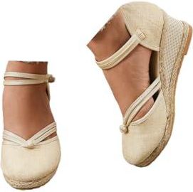 Generic Espadrilles compens&eacute;es pour femme en maille respirante &agrave; bout ferm&eacute; Chaussures dos nu Chaussures plates tendance avec sangle de cheville, A beige., 38