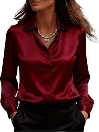 Generic Chemise en Satin &agrave; Manches Longues pour Femme - Chemisier en Soie Chic et Elegant - Col en V - Style D&eacute;contract&eacute; pour Le Travail et Le Bureau Vetement
