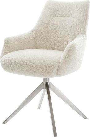 DELIFE Esszimmerstuhl Alja-Flex mit Armlehnen Kreuzgestell breit Edelstahl Teddystoff Beige 360&deg; drehbar Wippfunktion Taschenfederkern