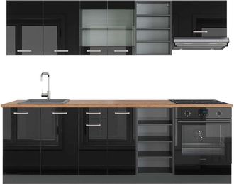 Vicco Küchenzeile R-Line, Schwarz Hochglanz/Anthrazit, 240 cm, AP Eiche