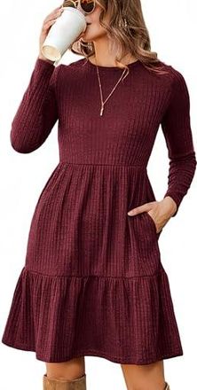 Zeagoo Robe Femme Bordeaux Manches Longues Col Rond Robe dautomne Élégante Robes mi-Longues avec Poches Hiver Rouge vin XXL