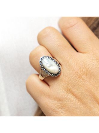 Zeeme Gemstones Ring Silber 925 oxydiert mit wei&szlig;em Perlmutt und 18 Markasit-Steinen