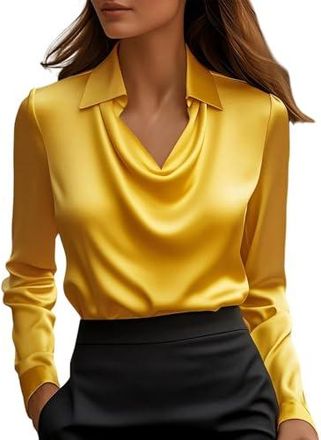 Generic Chemisier en satin pour femme à manches longues et col bénitier - Chemisier dété et dautomne décontracté - Couleur unie - Haut plissé brillant pour bu