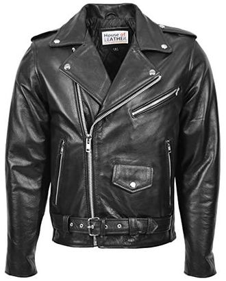 House Of Leather Kyle Veste de motard en cuir v&eacute;ritable avec fermeture &Eacute;clair crois&eacute;e Style Brando, Noir, XXL