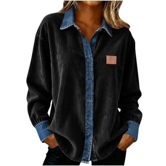 Generic Chemise en Denim Patchwork Femme Confortable Manches Longues Pull-Over Col Rond Couleur Unie Top Haut Streetwear Grandes Tailles Vetement pour Automne