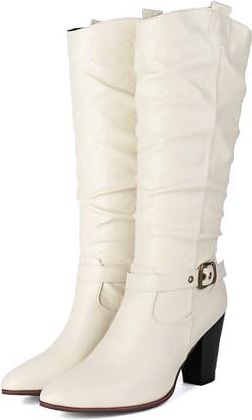 Generic Bottes de cowboy western plissées à talon épais pour femme, bout pointu, large mollet, chaussures décontractées à enfiler, beige, 39.5 EU