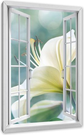 Pixxprint Wunderschöne Lilien, Fenster, Größe: 120x80cm, Leinwandbild, fertig gespannt, Wandbild, Dekoration, Kunstdruck, kein Poster
