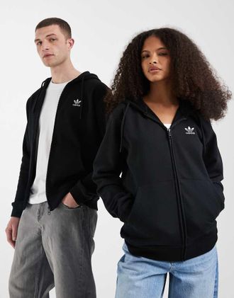 adidas Originals Trefoil Essentials - Kapuzenjacke in Schwarz mit durchgehendem Rei&szlig;verschluss