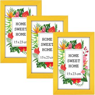 MG Design Set aus 3 Gelb Bilderrahmen 15 x 23 cm - Aus echtem Holz mit Acrylglas, zum Aufh&auml;ngen & Aufstellen, f&uuml;r Fotos, Poster & Puzzle