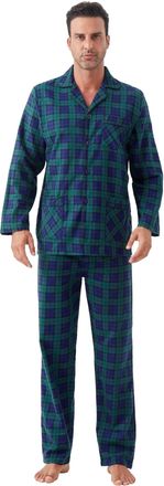 Global Herren Schlafanz&uuml;ge Flanell Herren Pyjama Set Baumwolle Langarm-Pullover Oberteil und elastische Unterteile mit Kordelzug Weich Bequem Gr&uuml;n XL