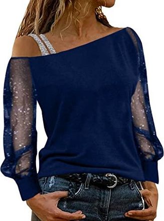 Generic Haut Femme Chic Chemisier Blouse &Agrave; Manches Longues Transparentes T-Shirt Paillettes Mode Mesh Chic &Eacute;paules D&eacute;nud&eacute;es Chemisier No&euml;l Haut Tops Pullover 