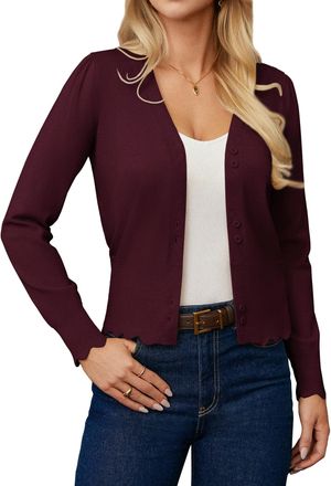 Grace Karin Leichte Sommerjacke Damen Freizeit Einfarbig Blaue Business OL Cardigan mit Kn&ouml;pfen Bolero CL273-06/Rotwein XL