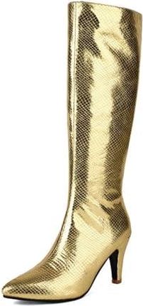 Generic Bottes hautes à bout pointu pour femme - En peau de serpent - Chaussures dhiver pour fête, mariage ou défilé, doré, 41 EU