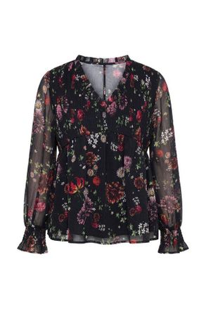 Ulla Popken Longbluse Chiffonbluse Bl&uuml;ten A-Linie V-Ausschnitt Langarm