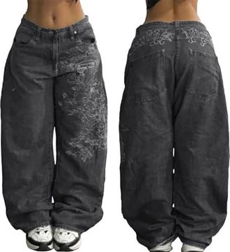 ORANDESIGNE Jean Baggy Femme Y2K Harajuku Jean Vintage Hip Hop Denim Pantalon Droite L&acirc;che E-Girl Pantalon Streetwear B Noir M
