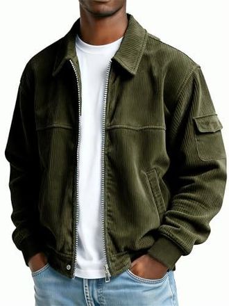 Generic Veste d&eacute;contract&eacute;e en velours c&ocirc;tel&eacute; pour homme - Veste l&eacute;g&egrave;re &agrave; manches longues et col zipp&eacute; avec poches, vert fonc&eacute;, XXL