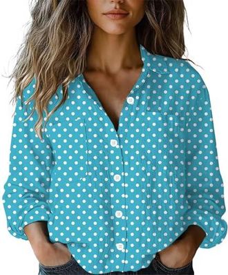 Generico Chemise Femme Curvy &agrave; Manches Longues Blouse en Lin Coton D&eacute;contract&eacute; Respirant Chemisier Col en V Doux Chemises Vintage Fantaisie avec Boutons Classi