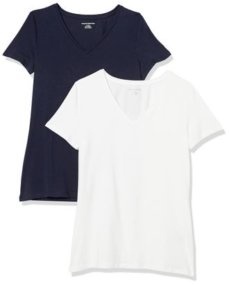 Amazon Essentials Damen T-Shirt Regular Fit mit kurzen Ärmeln und V-Ausschnitt, 2er-Pack, Marineblau/Weiß, XXL
