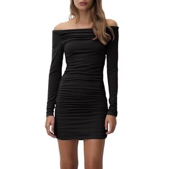 Generic Robe moulante sexy &agrave; &eacute;paules d&eacute;nud&eacute;es et manches longues fronc&eacute;es pour femme, coupe ajust&eacute;e, mini robe courte d&eacute;t&eacute;, robe boh&egrave;me, plage, vacances, esse