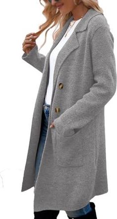 Generic Trench-coat pour femme à double boutonnage à revers, manteau long dhiver décontracté long manteau trench, gris, L