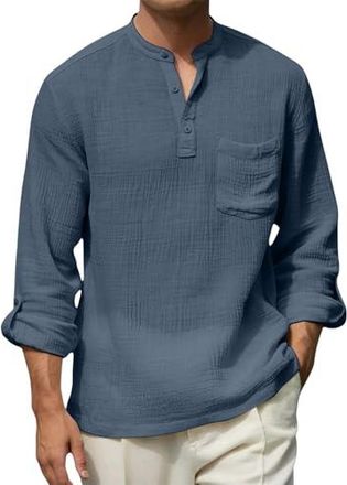 Generic Chemise d&eacute;contract&eacute;e en coton m&eacute;lang&eacute; pour homme printemps/automne, chemises &agrave; manches longues pour les vacances et le quotidien, chemise thermique &agrave; 