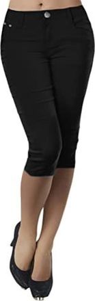 Minetom Femme Été Casual Pantalon avec Poches Stretch Slim Jeans Denim Pantalon Court 3/4 Shorts Leggings A Noir XL