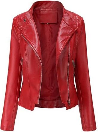 Generic Veste de moto courte en cuir synth&eacute;tique pour femme avec col &agrave; revers et fermeture &eacute;clair, Rouge, XXL