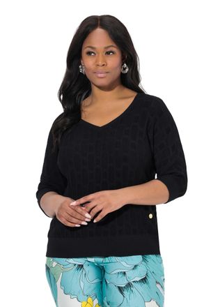 Ulla Popken Damen gro&szlig;e Gr&ouml;&szlig;en &Uuml;bergr&ouml;&szlig;en Plus Size Strickshirt, 3D-Design, Oversized, V-Ausschnitt, Halbarm schwarz 54+ 839293100-54+