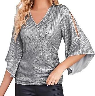 Generic Chemisier &agrave; paillettes avec col en V et manches &eacute;vas&eacute;es - Haut &eacute;l&eacute;gant pour f&ecirc;te, soir&eacute;e, soir&eacute;e - Chemise habill&eacute;e d&eacute;contract&eacute;e, gris, XXL