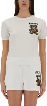 Moschino Femme, Pulls, Blanc, Taille: 38 FR T-Shirt Ras du Cou avec D&eacute;tail Ours en Peluche