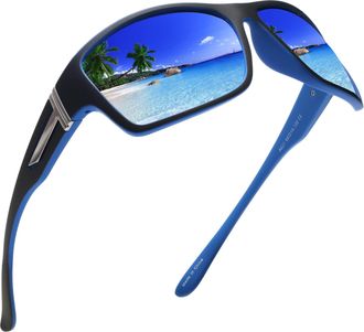 JIM HALO Polarisierte Sonnenbrille für Männer und Frauen, Wrap-Around-Sprot-Sonnenbrille zum Radfahren Angeln Fahren Schwarzblau/Spiegelblau