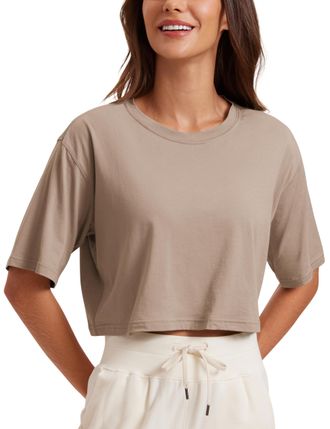 CRZ YOGA Damen Sport T-Shirt Kurzarm Sommer Fitness Crop Oberteile Crew Neck Leichte Yoga Top Atmungsaktiv Laufshirt M&ouml;rtelfarbe 38