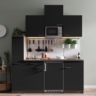 Respekta home24 Single-Küchenzeile Oliver II 180cm Schwarz/Schwarz/Eiche Dunkel Dekor Glaskeramik