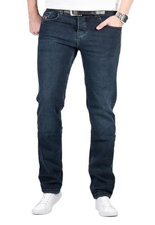 Alessandro Salvarini Jean stretch pour homme Coupe droite - 98 % coton, 5 poches, boutonni&egrave;re, pantalon long, bleu fonc&eacute;, 33W / 32L