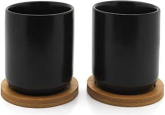 Bredemeijer Schwarze Keramik Teebecher 2-teilig mit Untersetzer aus Holz